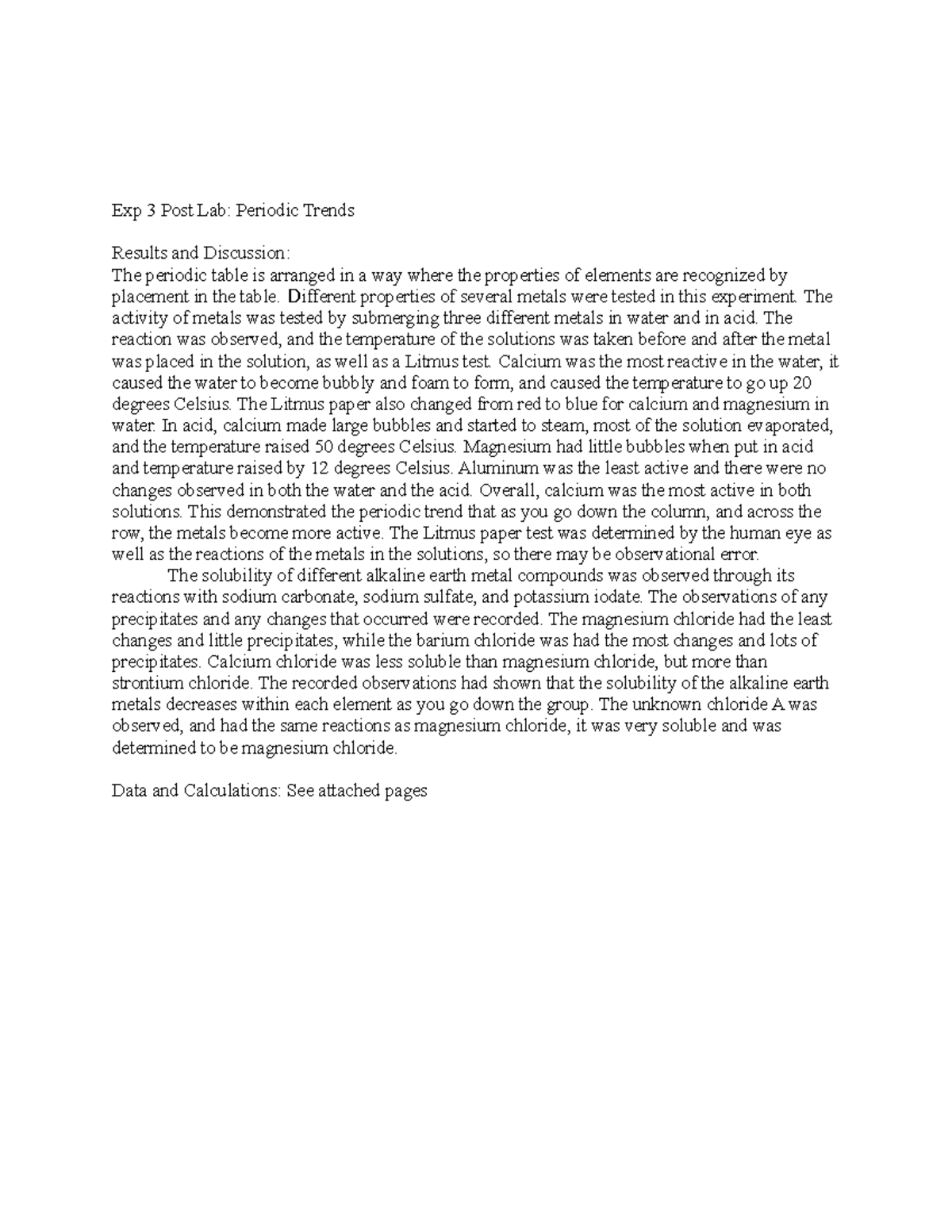 Exp 3 Post Lab Report: Periodic Trends in Metal Reactivity and ...