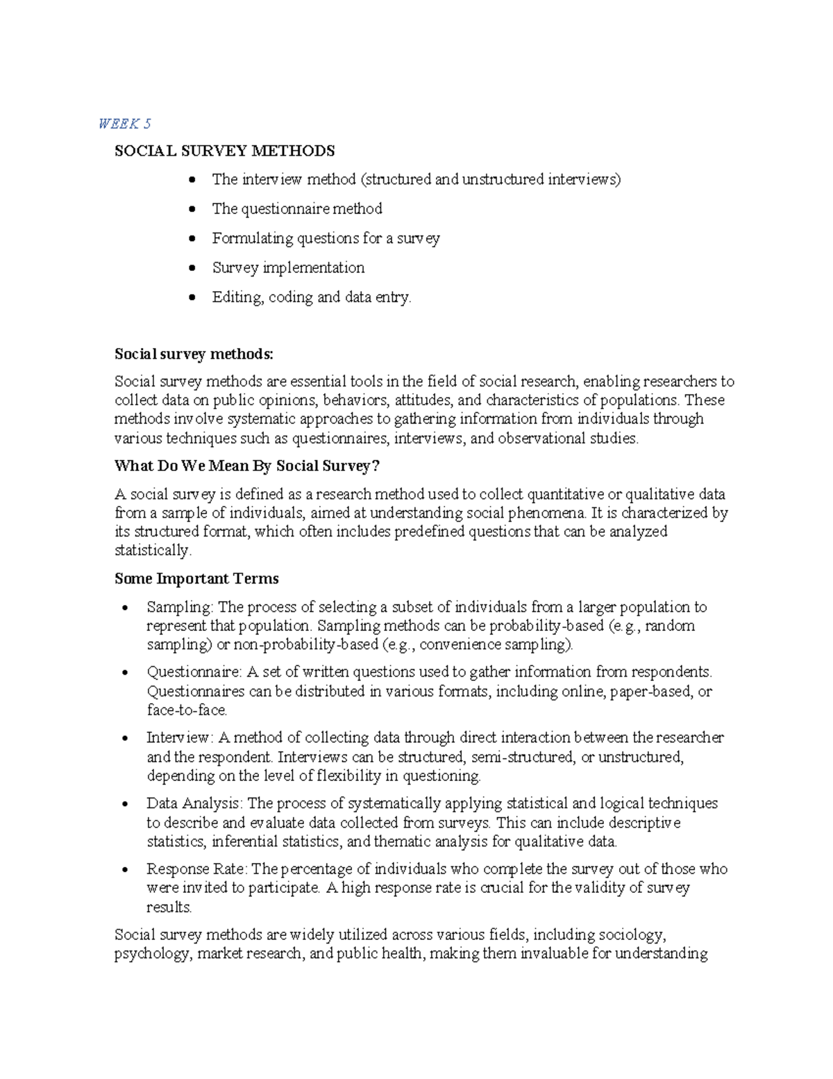 WEEK 5: SOCIAL SURVEY METHODS - INTERVIEWS & QUESTIONNAIRES - Studocu