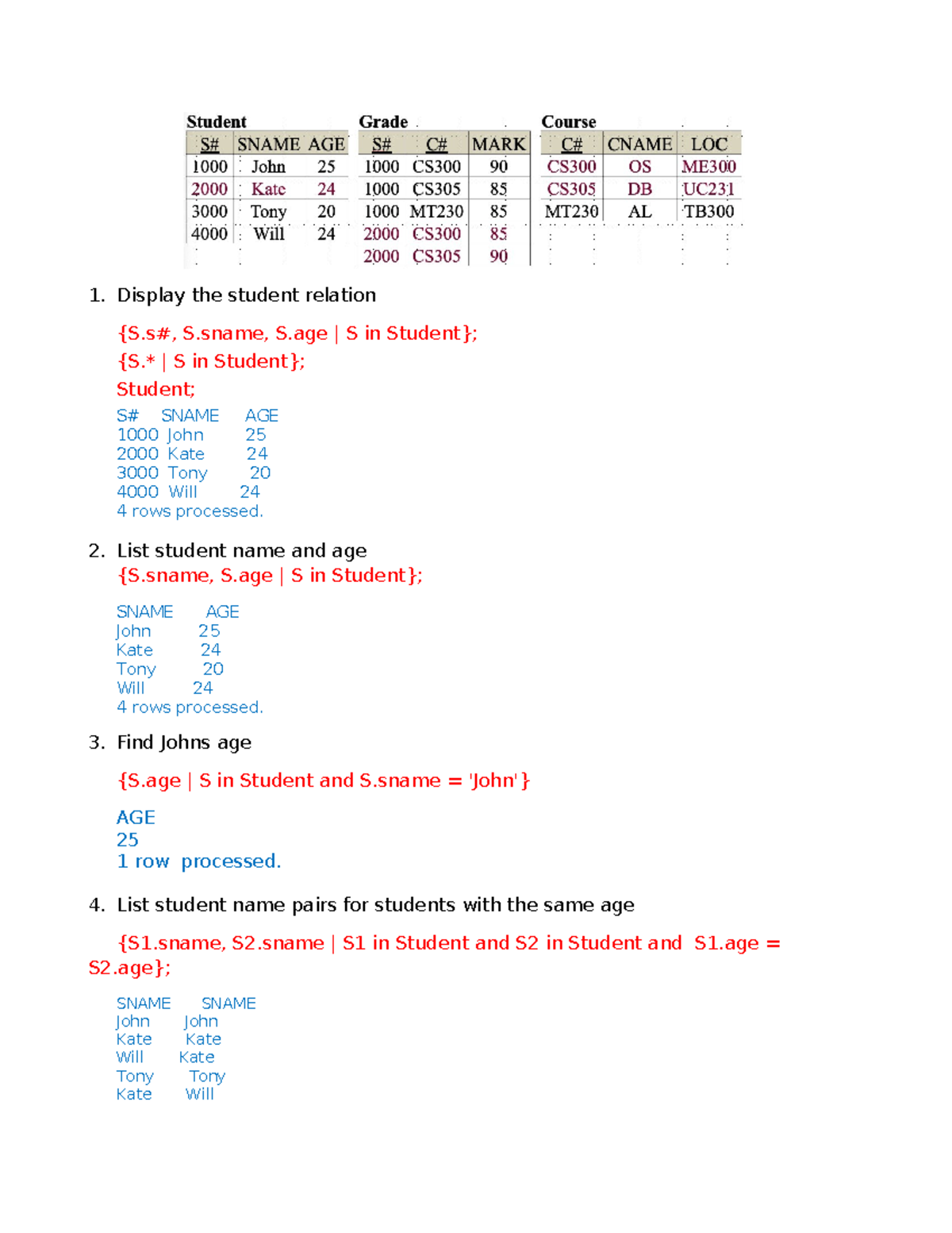 trc examples practice - 1. Display the student relation {S#, S, S | S ...