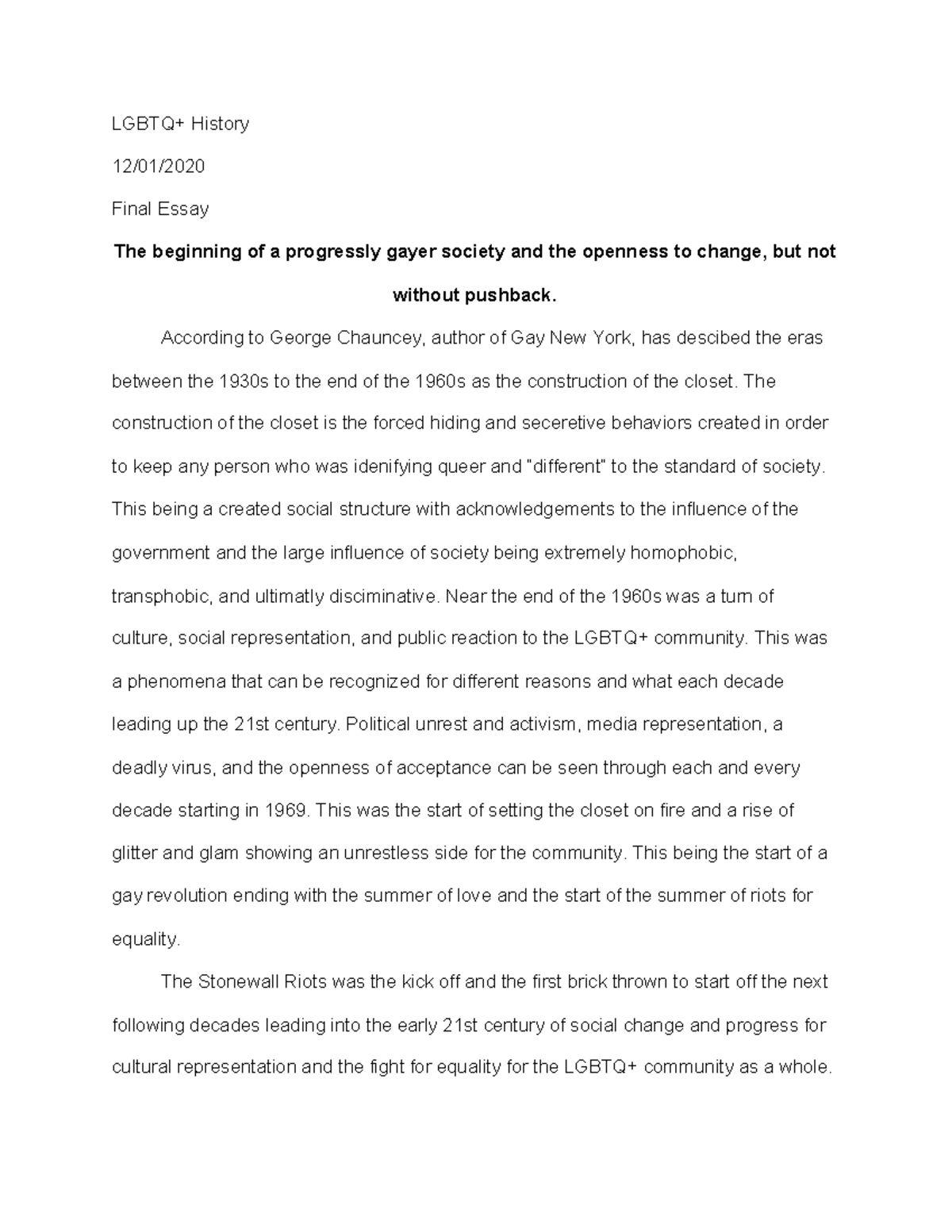 Final LGBT Essay - A Study of LGBTQ+ Progress 1969-2021 - Studocu