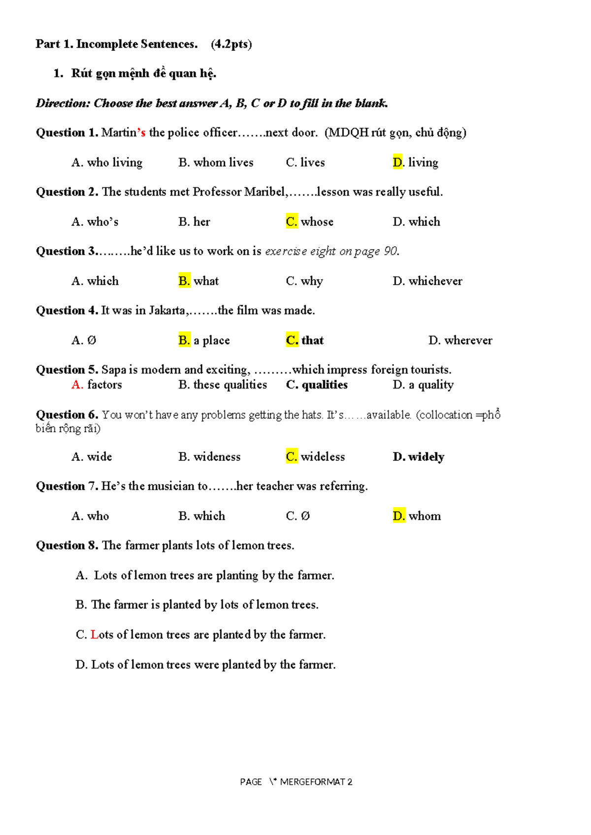 Đề Ôn Tập 2 - Incomplete Sentences & Error Identification (Final Exam ...