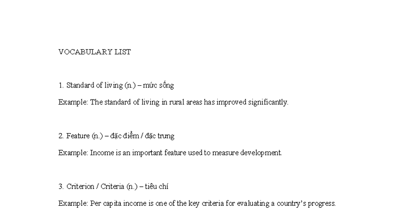 Vocabulary List for Economic Development Terms - Studocu