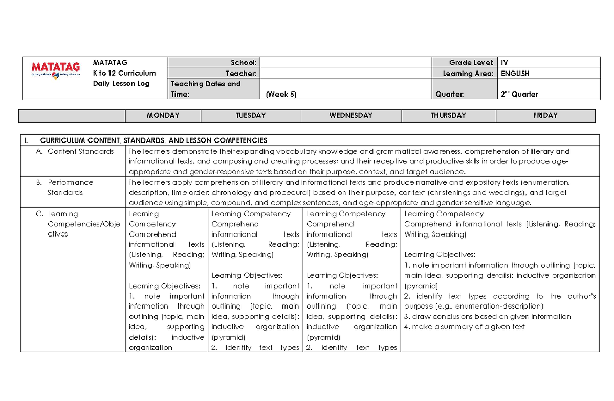DLL English G4 Q2 W5: Daily Lesson Log for Grade 4 English - Studocu
