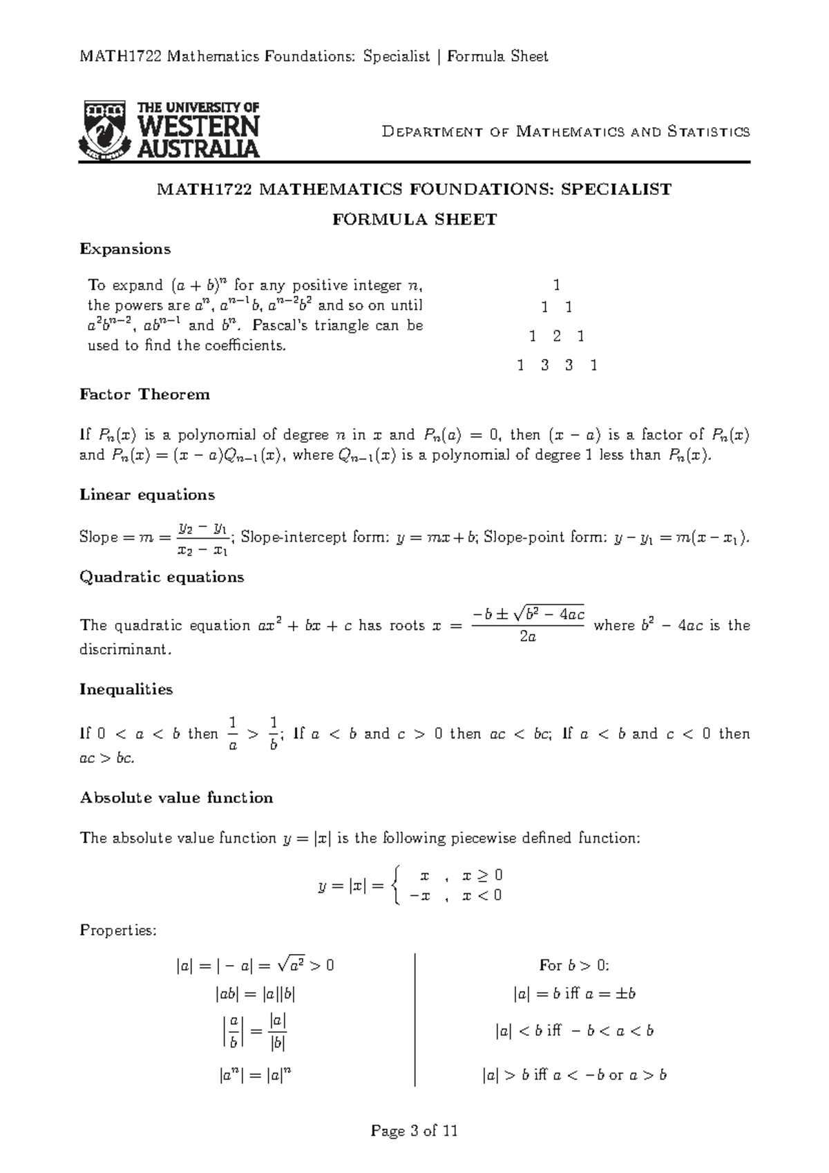 MATH1722 Mathematics Foundations: Comprehensive Formula Sheet - Studocu