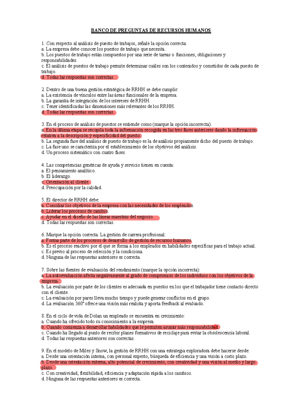 Banco de Preguntas de Recursos Humanos - RH 1: Repaso y Análisis - Studocu