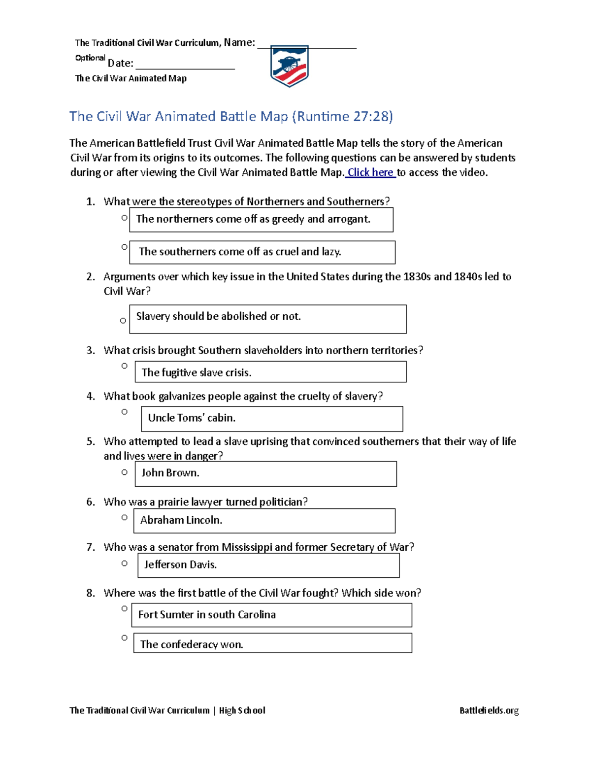 Civil War Animated Map Questions Students-HS-TD - Optional Date ...