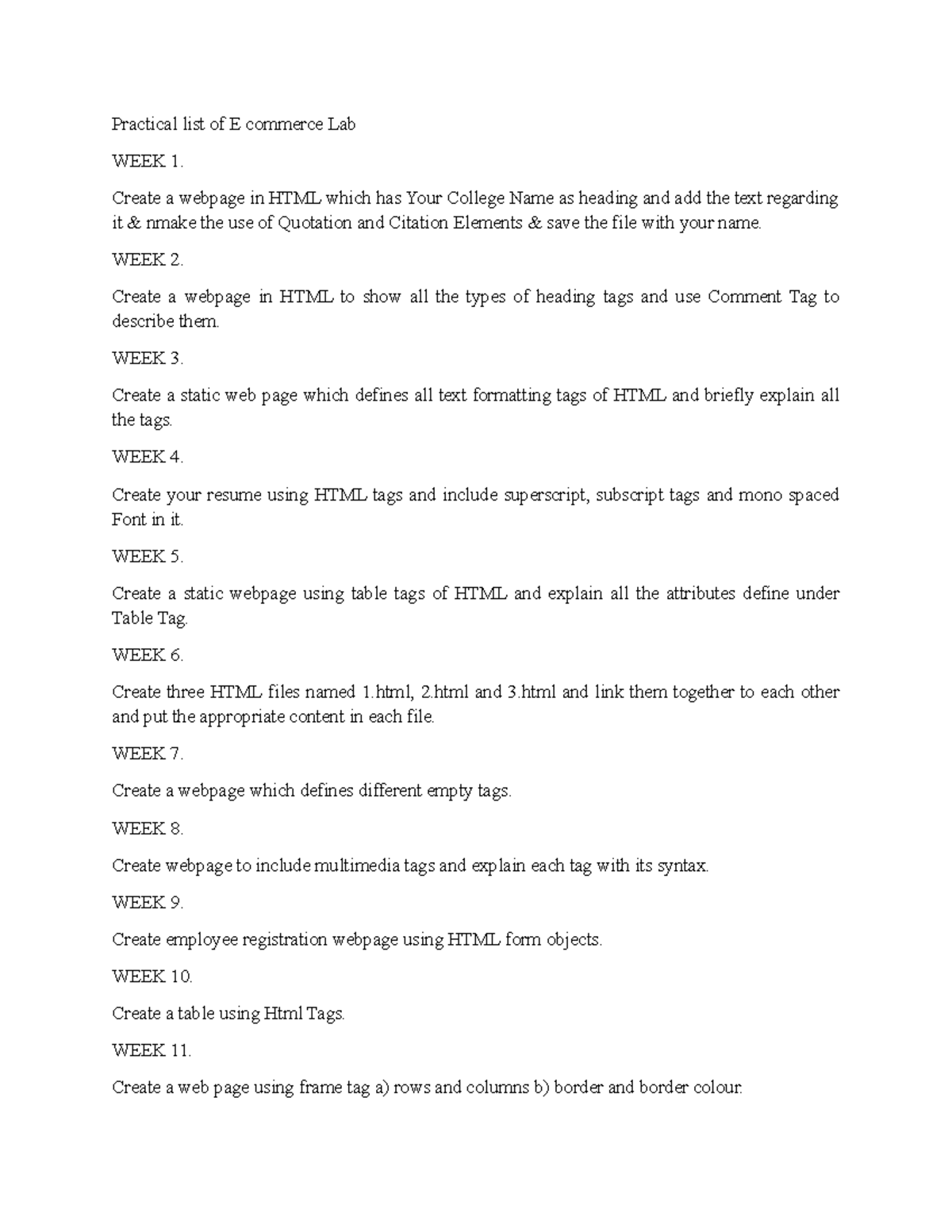 E-COM 101: Practical Lab Tasks for HTML Webpage Creation - Studocu