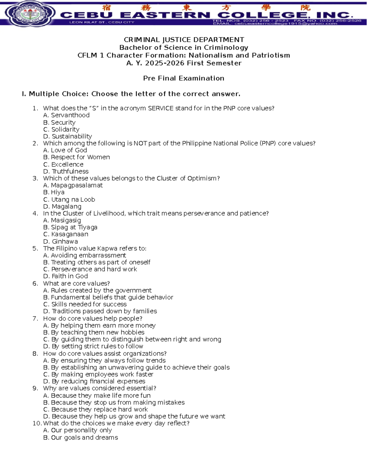 CFLM 1 Pre-Final Exam: Character Formation in Criminology - Studocu