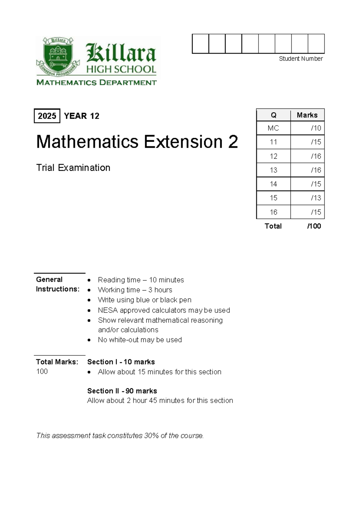 2025 YEAR 12 Mathematics Extension 2 Trial Exam Questions - Studocu