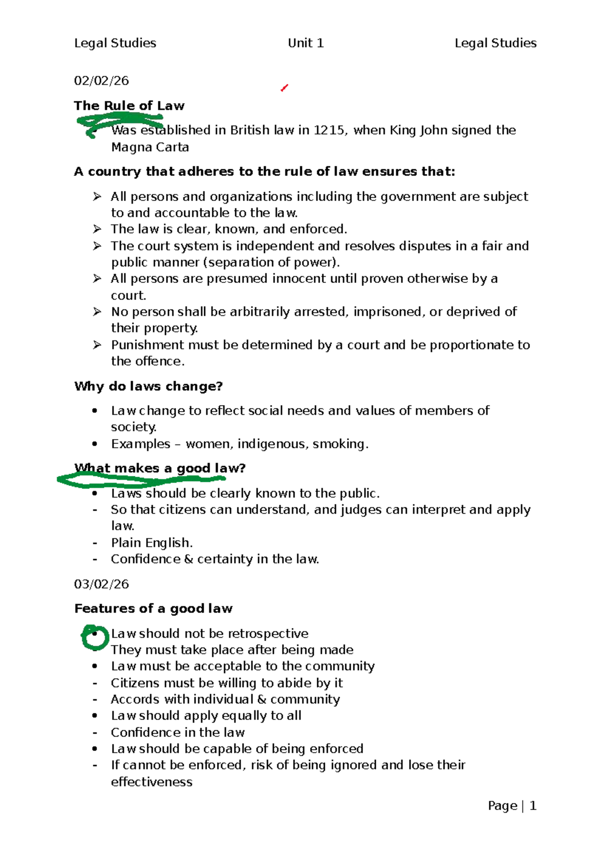 Legal Studies Unit 1: The Rule of Law Explained - Year 11 Notes - Studocu