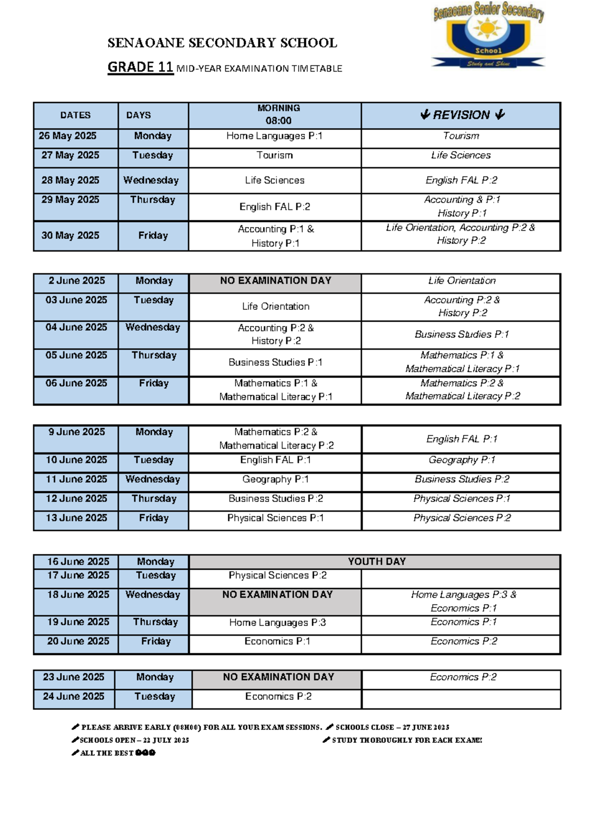 GR11 JUNE 2025 EXAMINATION TIMETABLE & REVISION SCHEDULE - Studocu