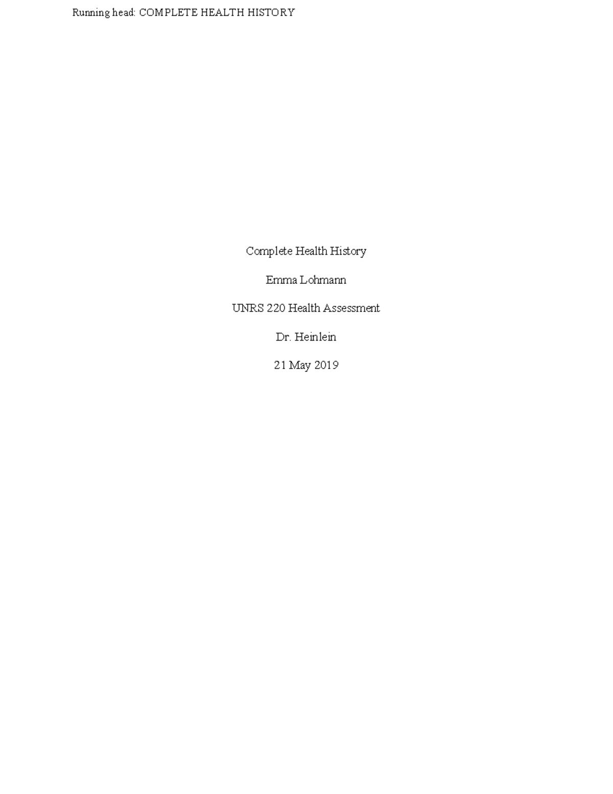 Complete Health History Assignment - UNRS 220 Health Assessment - Studocu