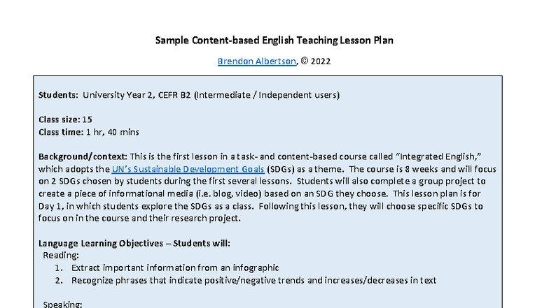 CEFR B2 English Teaching Lesson Plan: Exploring SDGs (Brendon Albertson, 2022) - Studocu