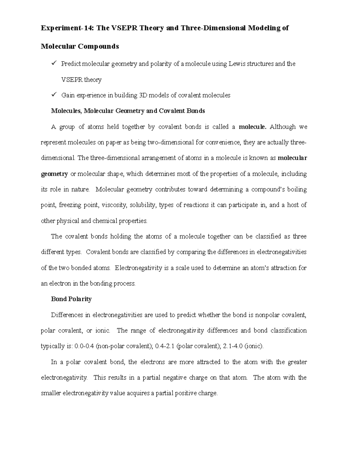 14CHEM101 - VSEPR Theory and 3D Modeling of Molecular Geometry - Studocu