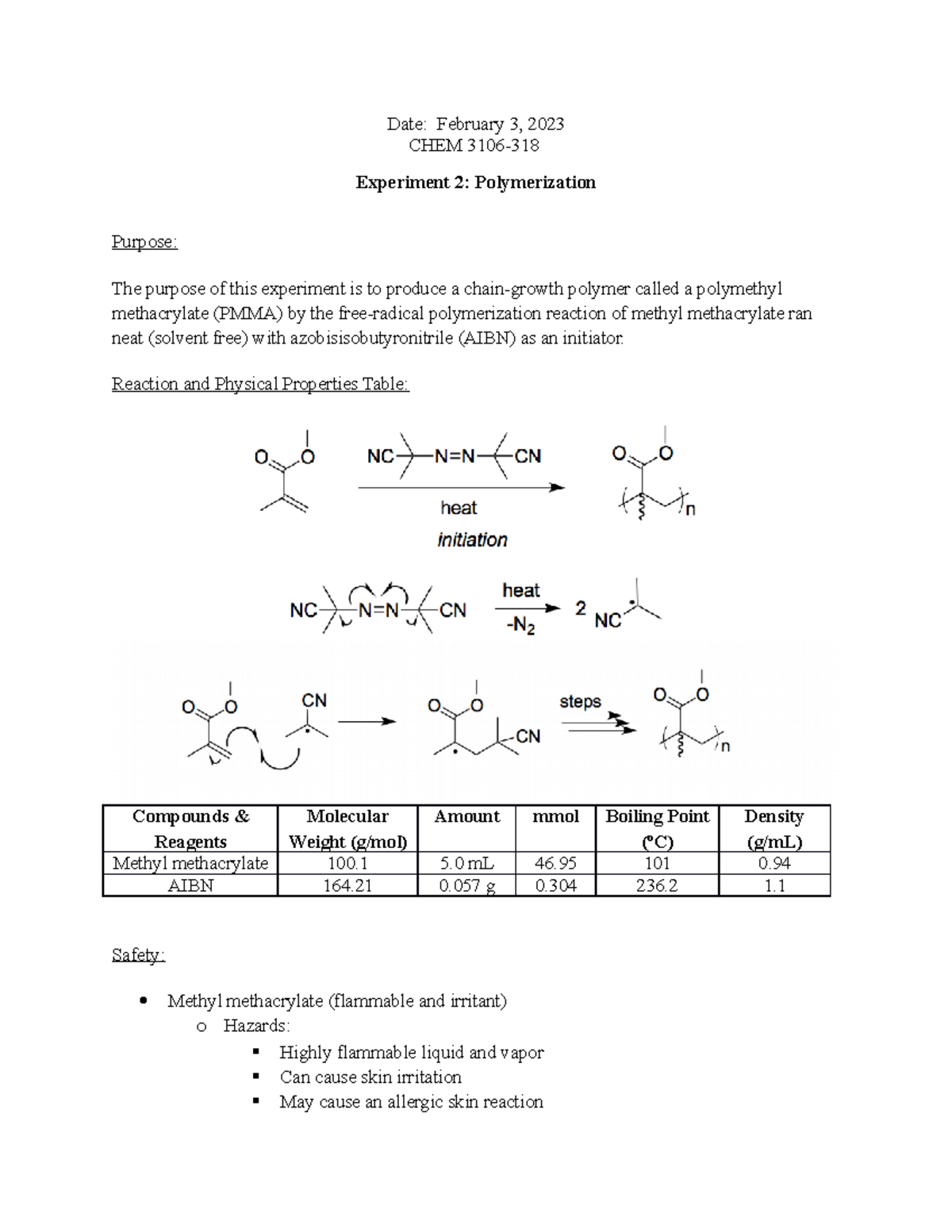 Lab 2: Free-Radical Polymerization of Methyl Methacrylate (CHEM 3106 ...