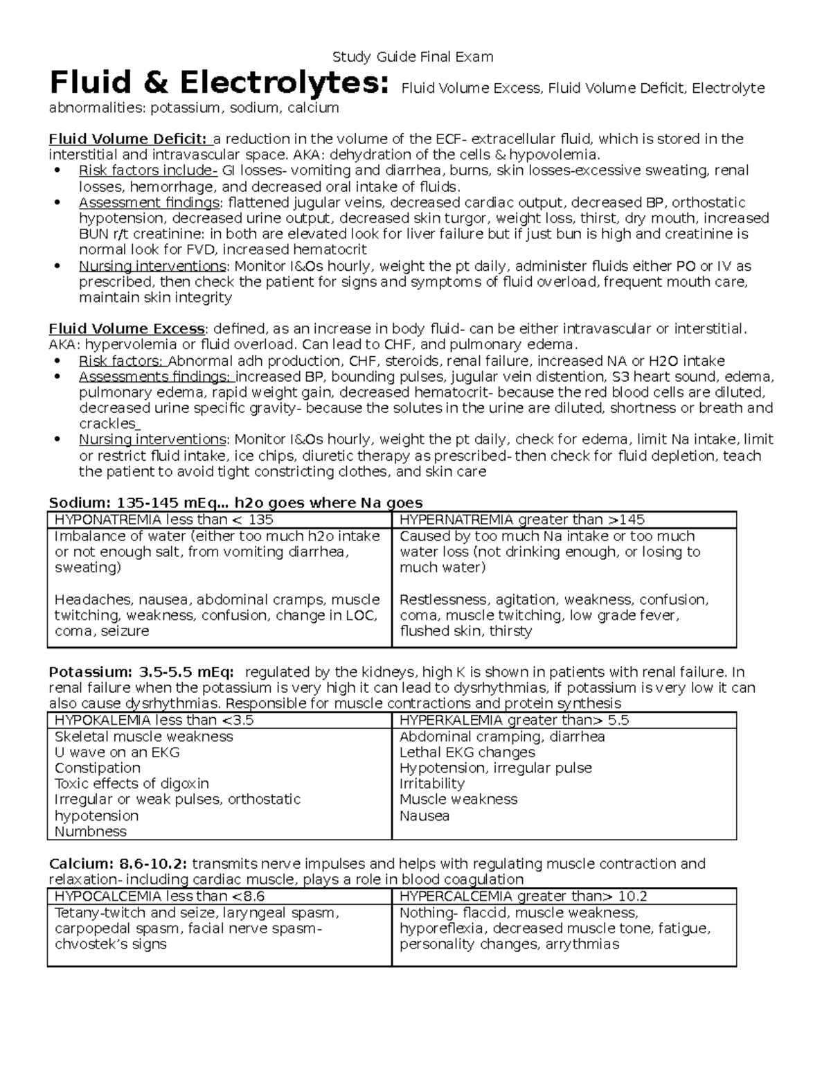 Medsurg NUR 300 Final Exam Study Guide: Fluid & Electrolyte Concepts ...