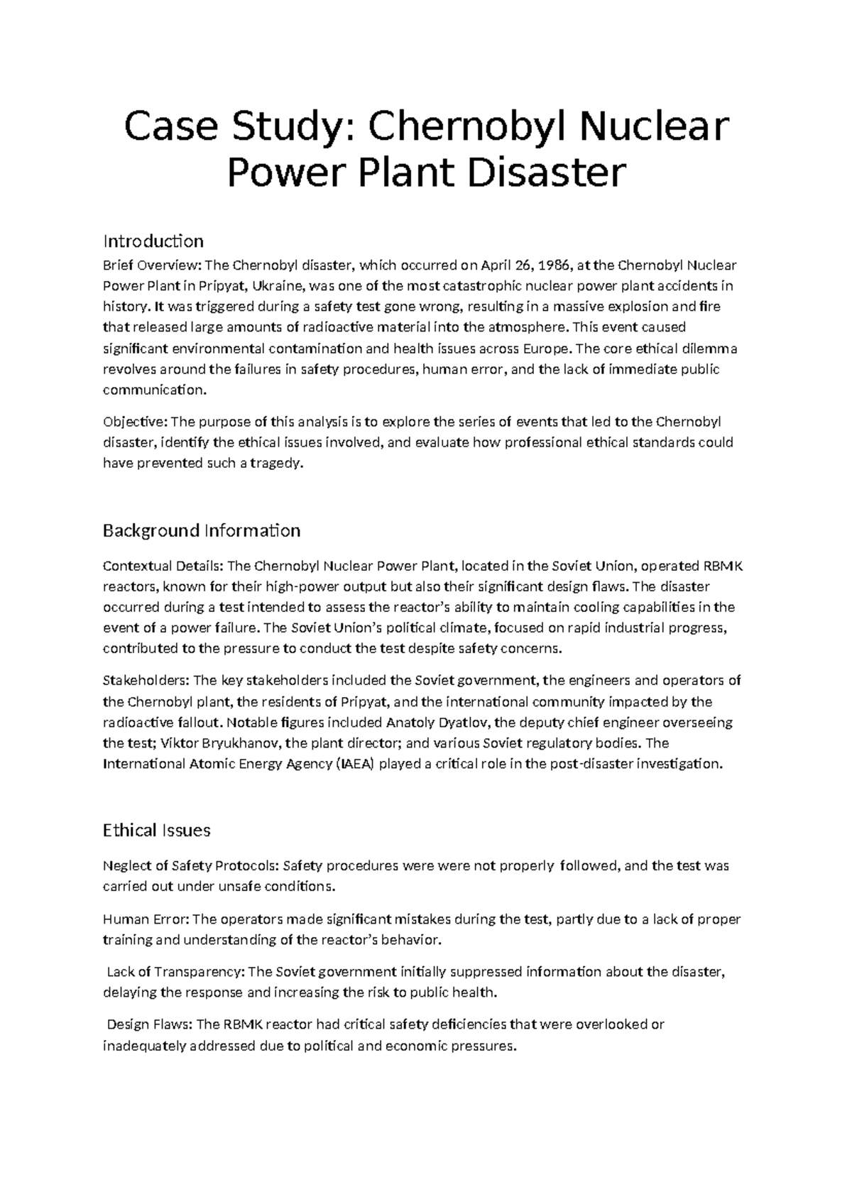 Case Study: Chernobyl Nuclear Disaster & Professional Ethics Analysis ...