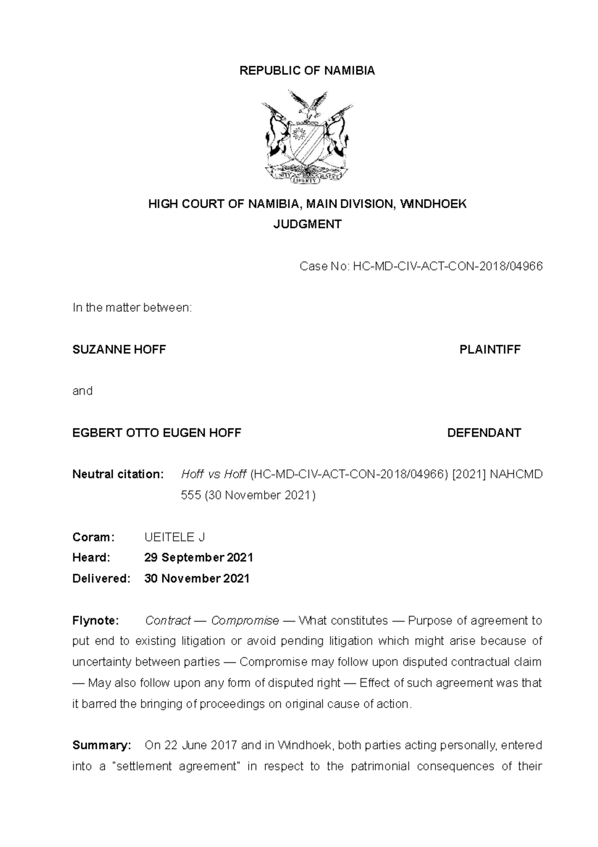 Hoff vs Hoff Case Analysis (HC-MD-CIV-ACT-CON-2018/04966) [2021] NAHCMD ...