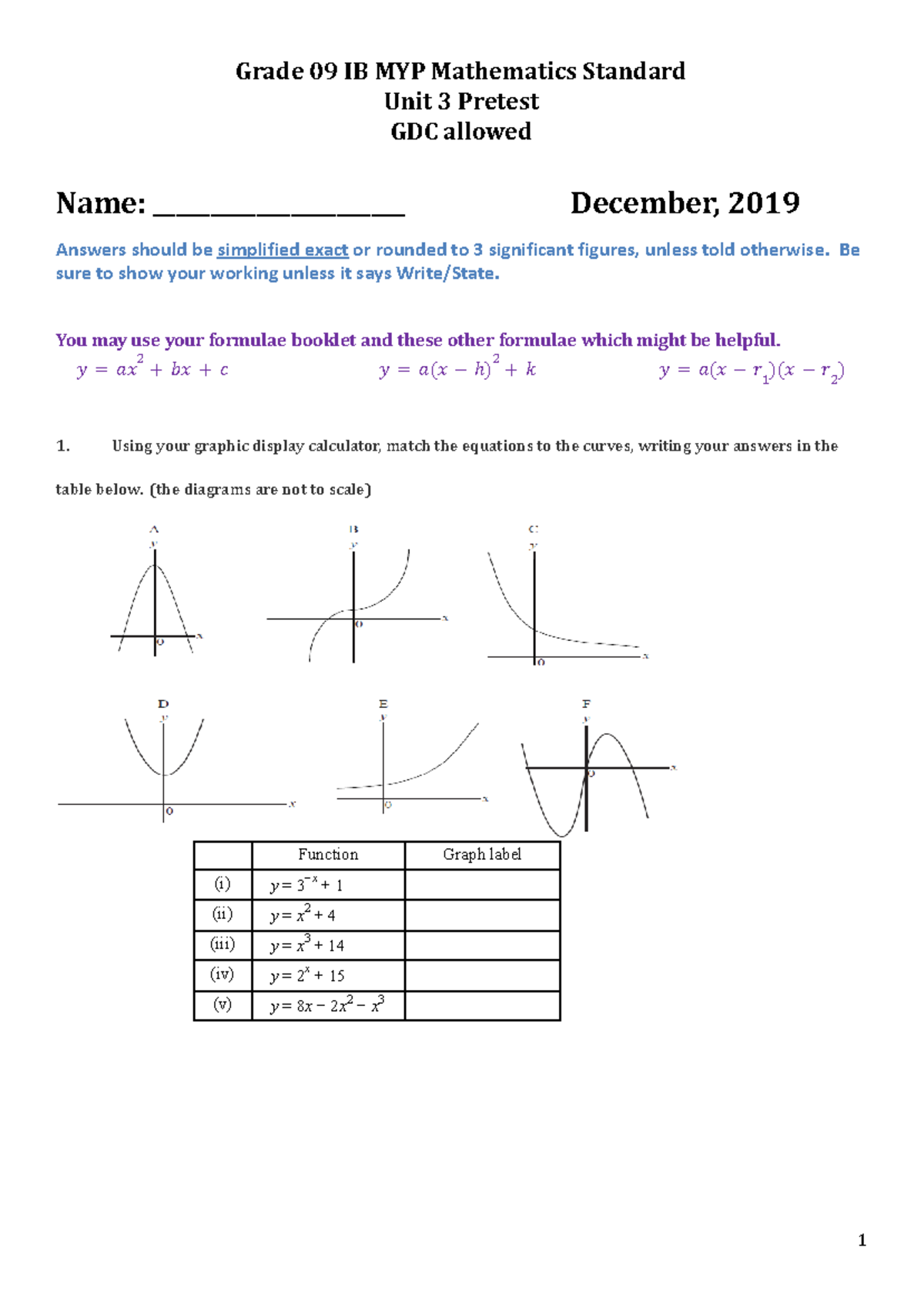 00 - Unit 3 Pre Test - Math - Grade 09 IB MYP Mathematics Standard Unit ...