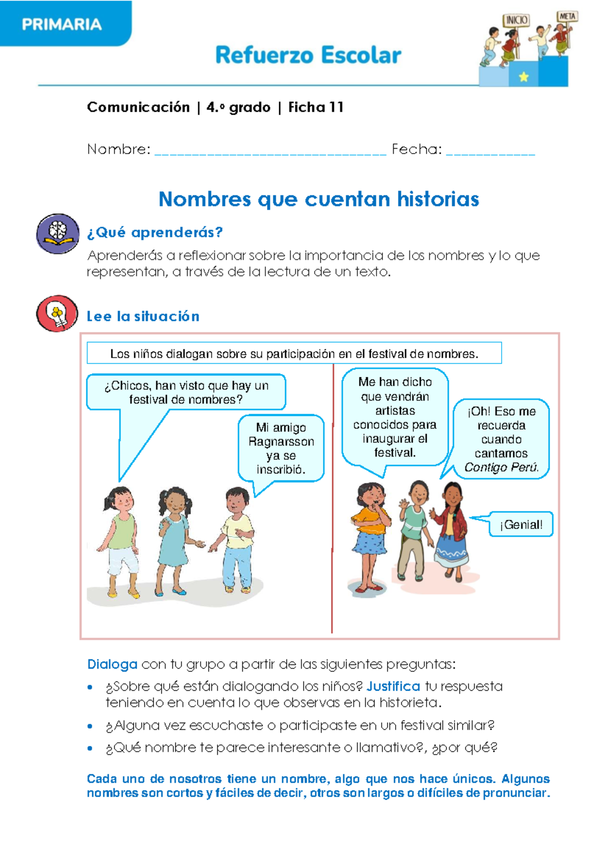Refuerzo Escolar: Comunicación 4.o Grado - Ficha 11 sobre Nombres y ...