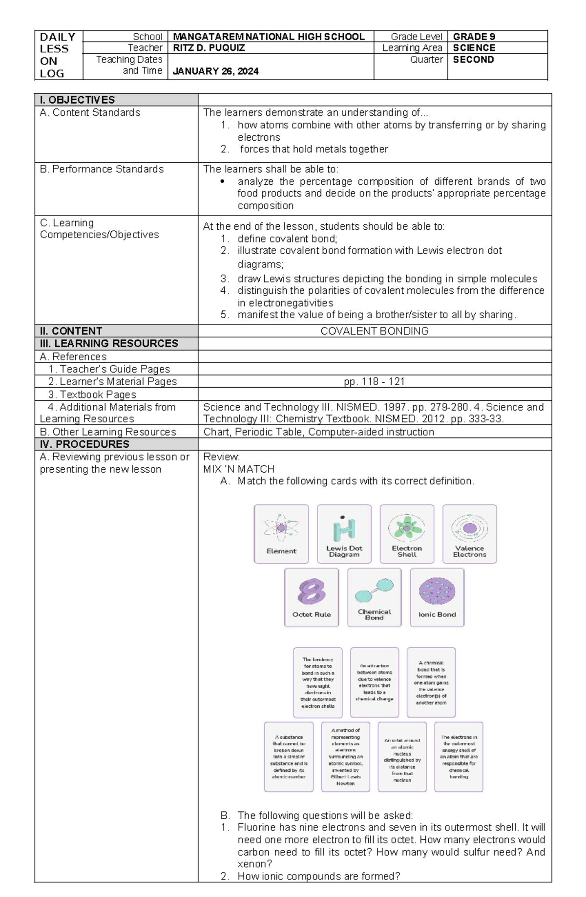 COVALENT BONDING LESSON PLAN GRADE 9 SCIENCE (2ND QUARTER) - Studocu