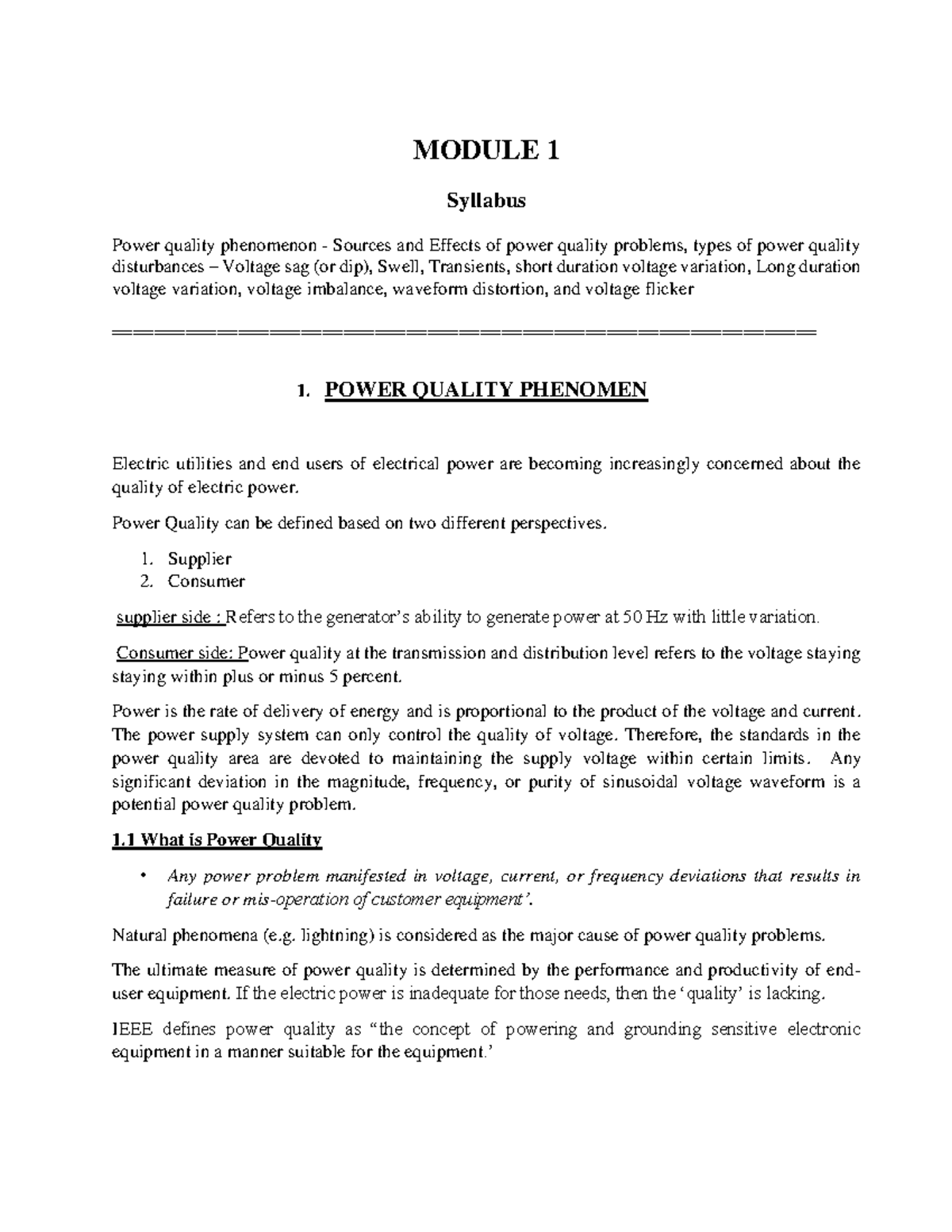 Power Quality Phenomena: Sources, Effects & Standards (Module 1 & 2 ...