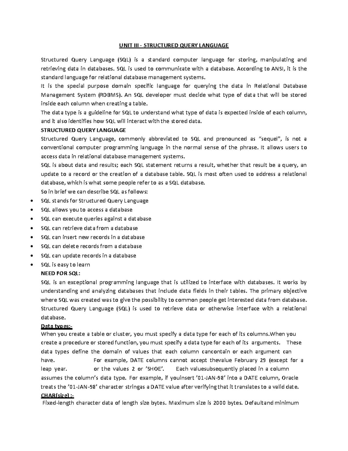 DBMS UNIT-III: Comprehensive SQL Notes and Data Types Overview - Studocu