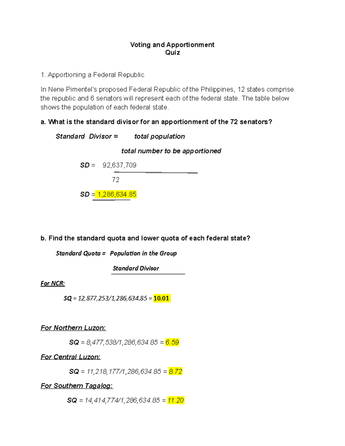 Voting and Apportionment - Voting and Apportionment Quiz Apportioning a ...