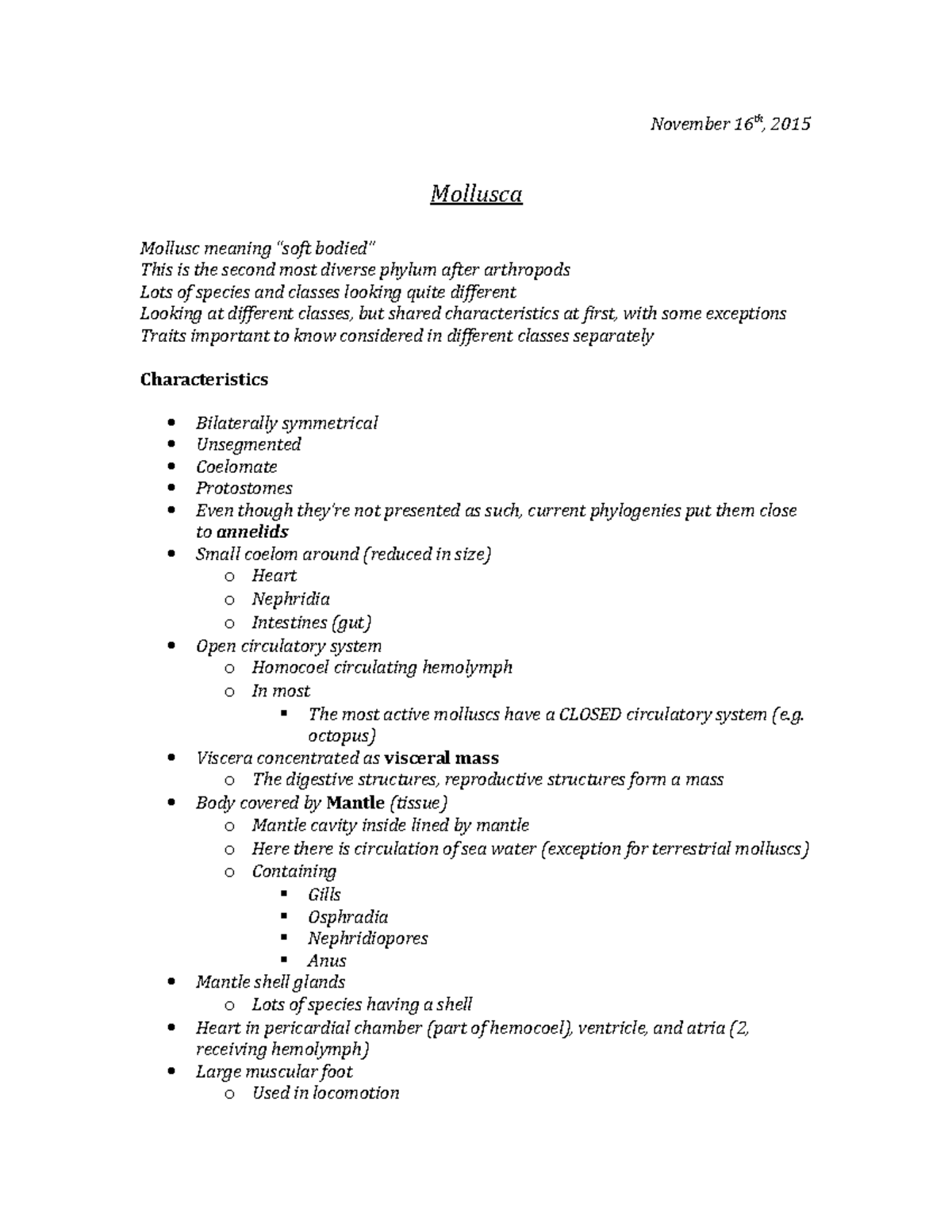 BIO 2122 - class notes - Chapter 20 - Molluscs - November 16th, 2015 ...