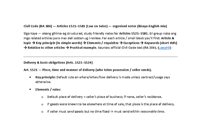 Civil Code (RA 386) Articles on Sales: Structured Notes and Key ...