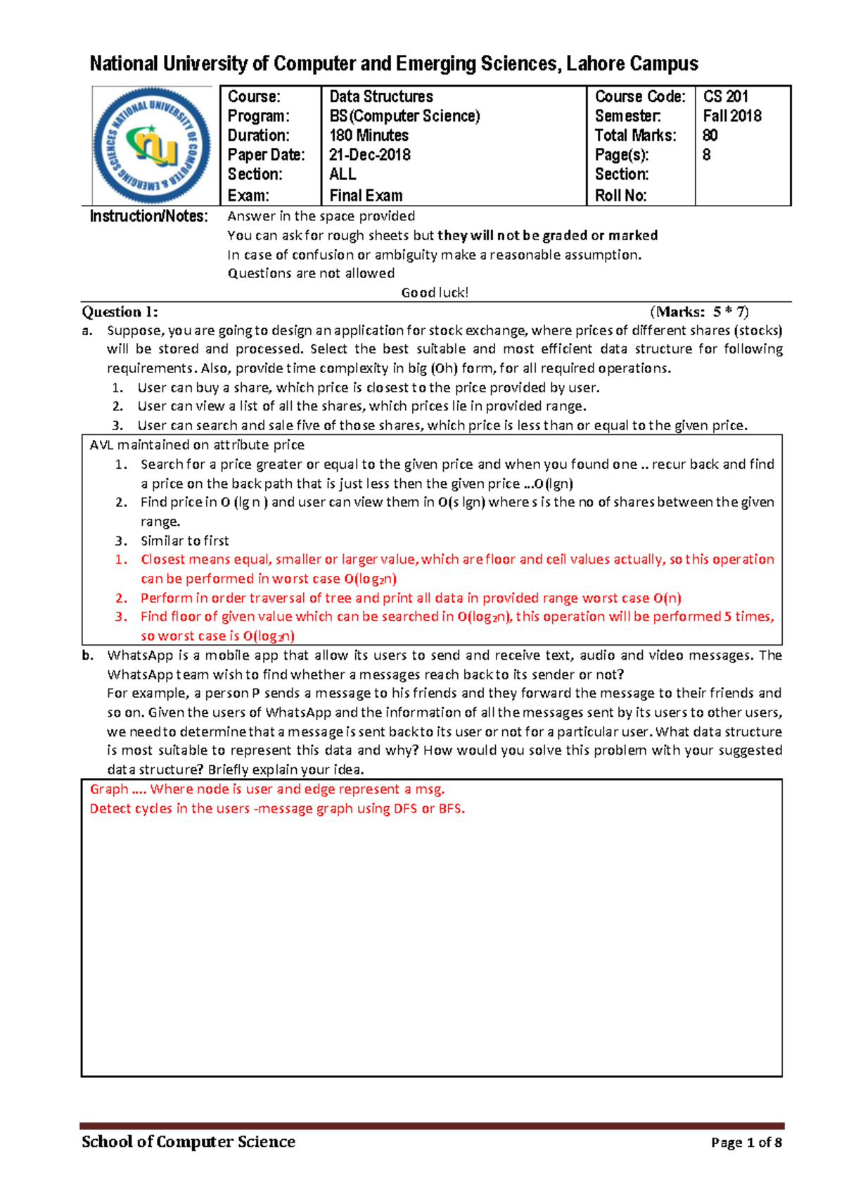 Data Structures CS 201 Final Exam Solutions - Fall 2018 - Studocu
