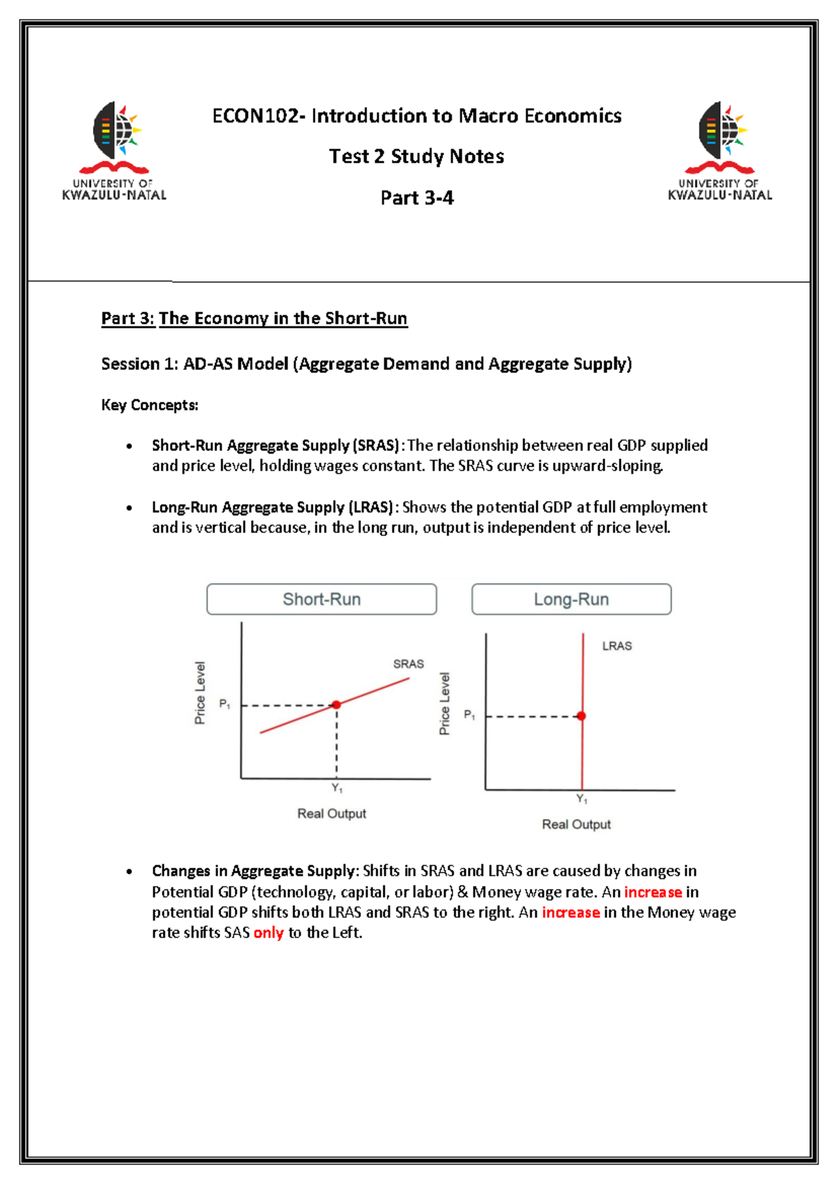 ECON102 Test 2 Study Notes: Key Concepts in Macro Economics - Studocu