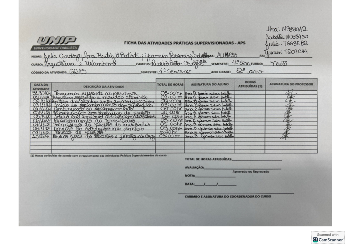 Cam Scanner 07-11-2024 20 - Ana: N3880A2 UNIP Srobella N083450 FICHA DAS ATIVIDADES PRÁTICAS ...