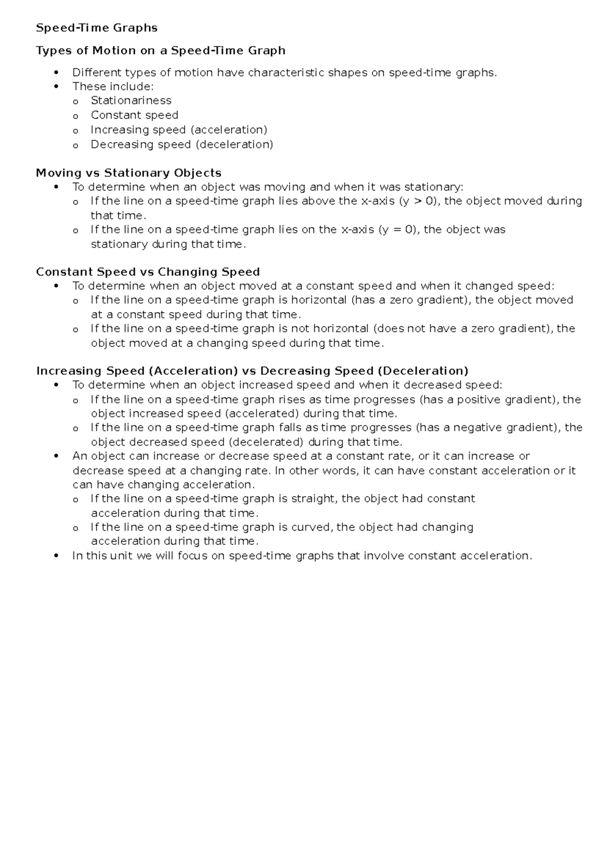 Physics - Speed-Time Graphs: Understanding Motion Types and Acceleration - Studocu