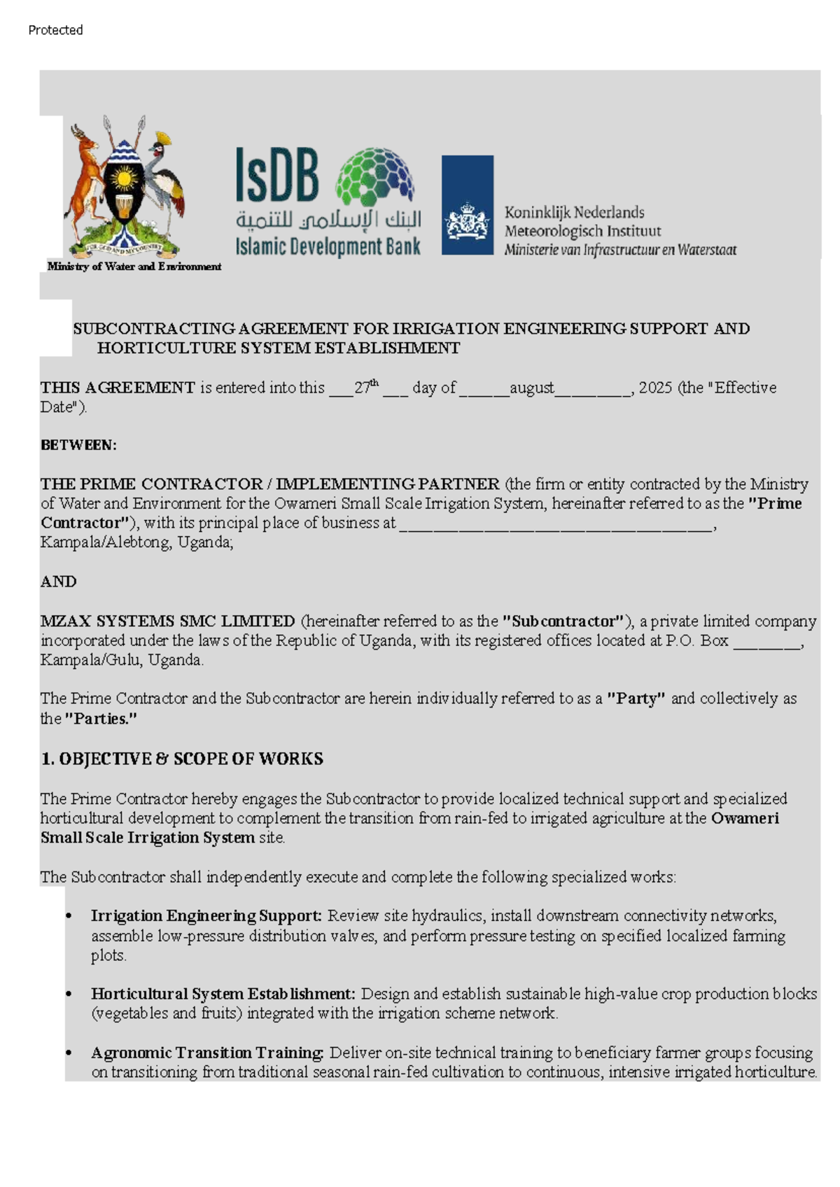 Subcontracting Agreement for Irrigation Engineering Support (MWE) - Studocu