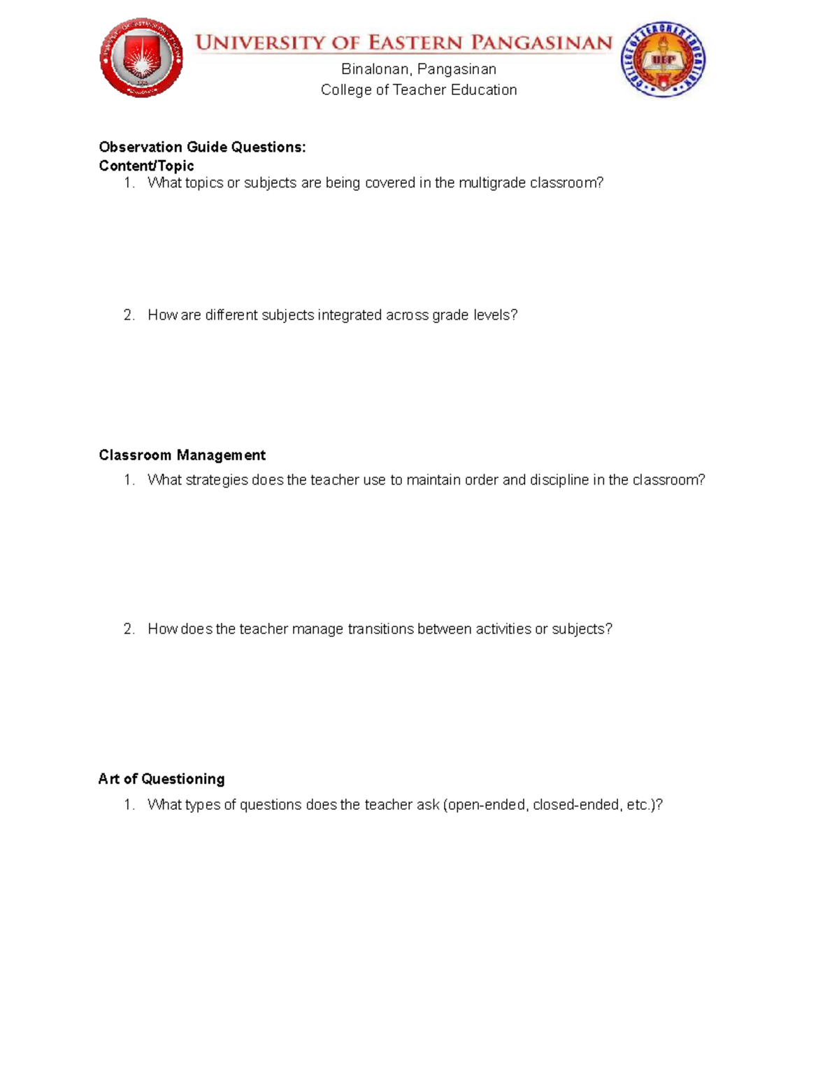 Observation Guide Questions for multigrade Classes: A Teaching Resource - Studocu