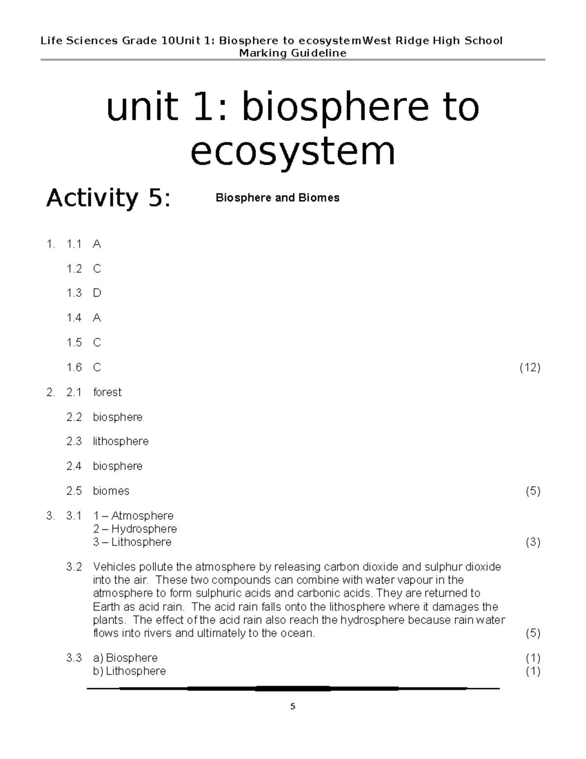 Life Sciences Grade 10: Unit 1 - Biosphere to Ecosystem Marking ...
