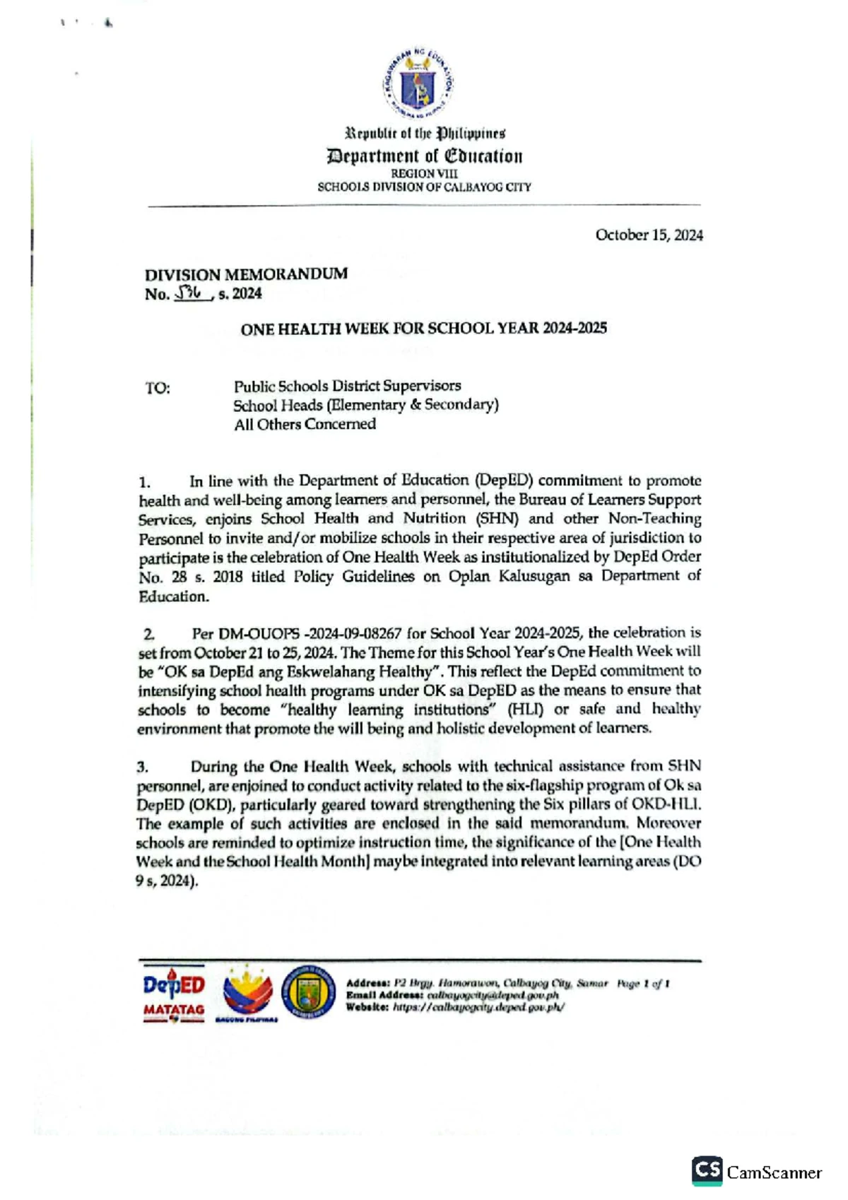 Division Memorandum No. 317, s.2025: One Health Week 2025-2026 - Studocu