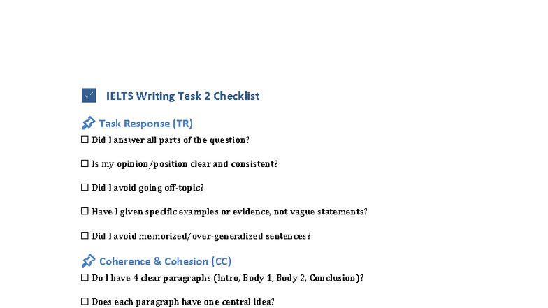 IELTS Writing Task 2 Checklist: Key Points for Success - Studocu