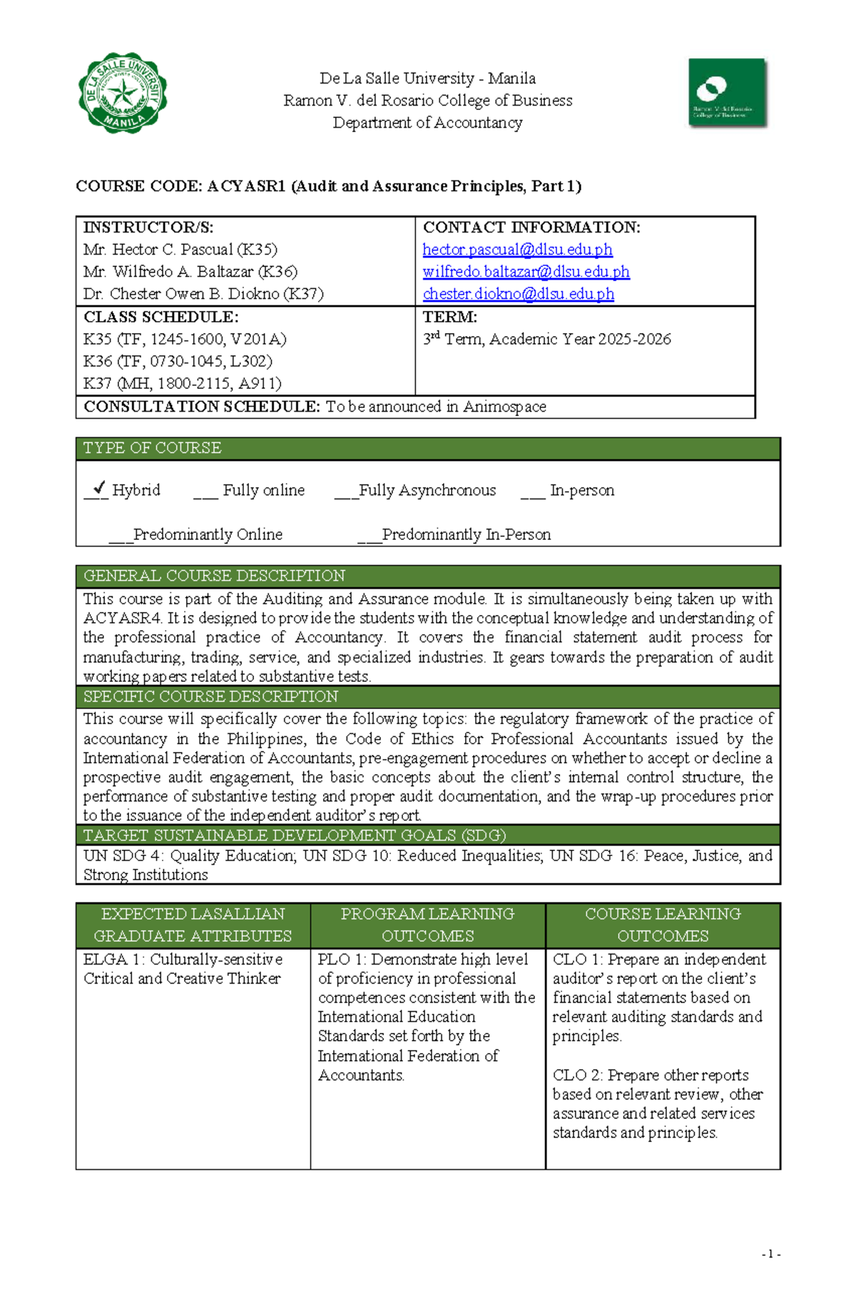ACYASR1 Course Syllabus: Audit and Assurance Principles, Part 1 - Studocu