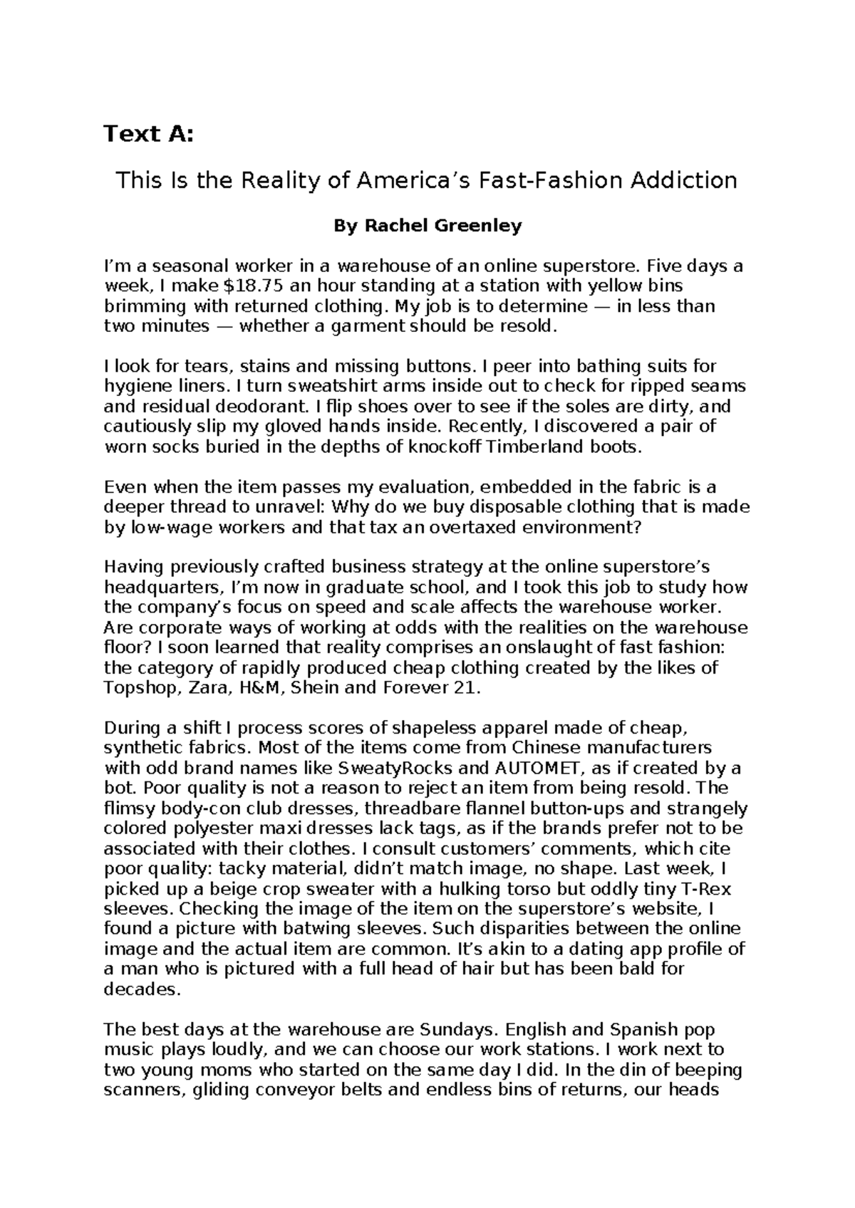 Critical Reading: The Reality of Fast Fashion and Its Impact - Studocu