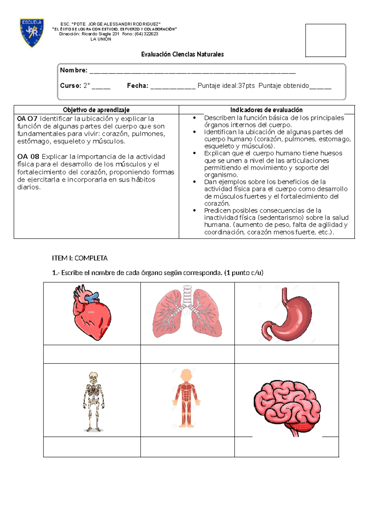 Evaluación Ciencias Naturales: Órganos del Cuerpo Humano y Cuidado - Studocu