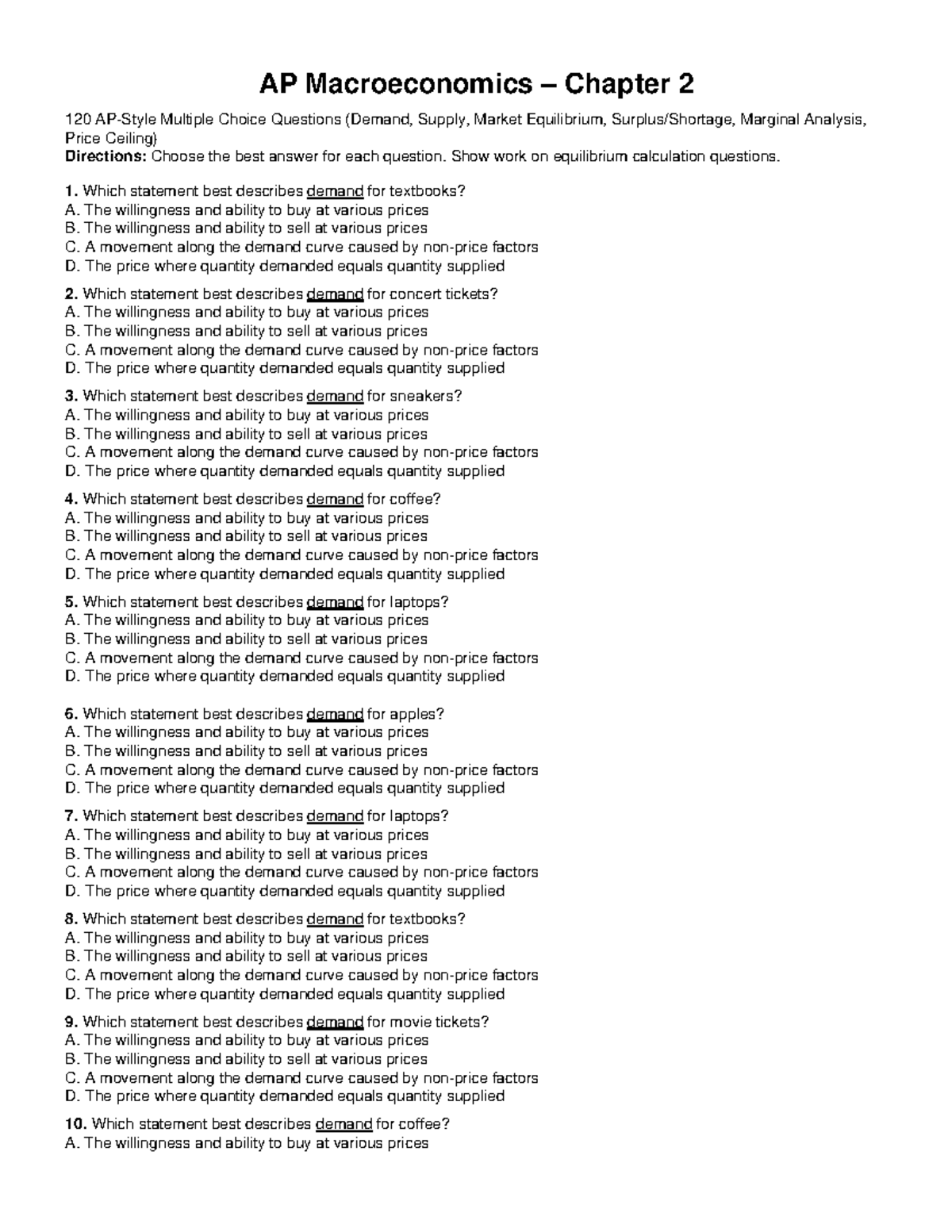 AP Macroeconomics Chapter 2: 120 MCQs on Demand, Supply & Equilibrium ...