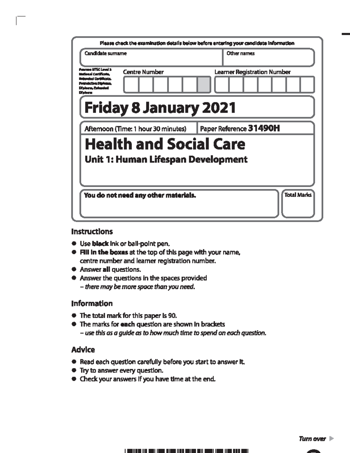 JAN21QP (1) - Past Paper 2021 for BTEC Level 3 Health & Social Care ...