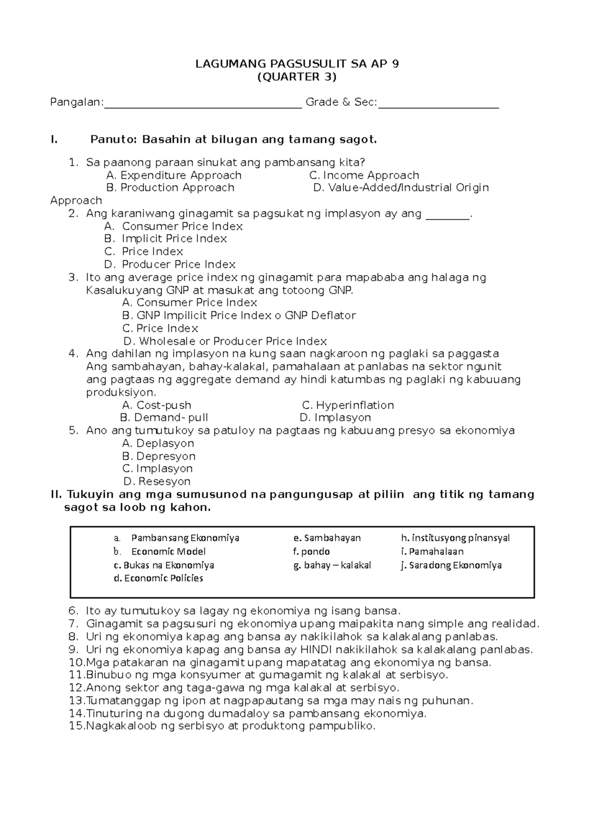 Lagumang Pagsusulit SA AP 9 - LAGUMANG PAGSUSULIT SA AP 9 (QUARTER 3 ...