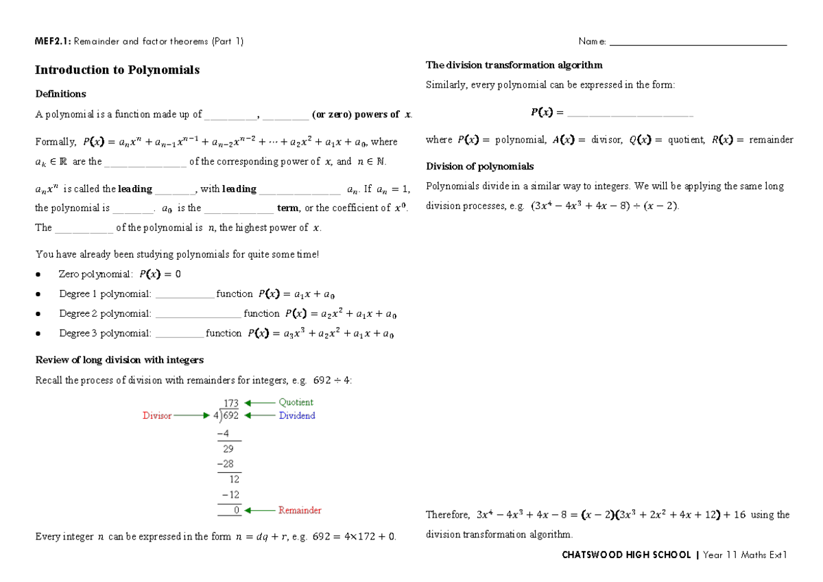 MEF2.1: Remainder and Factor Theorems - Polynomials Overview - Studocu
