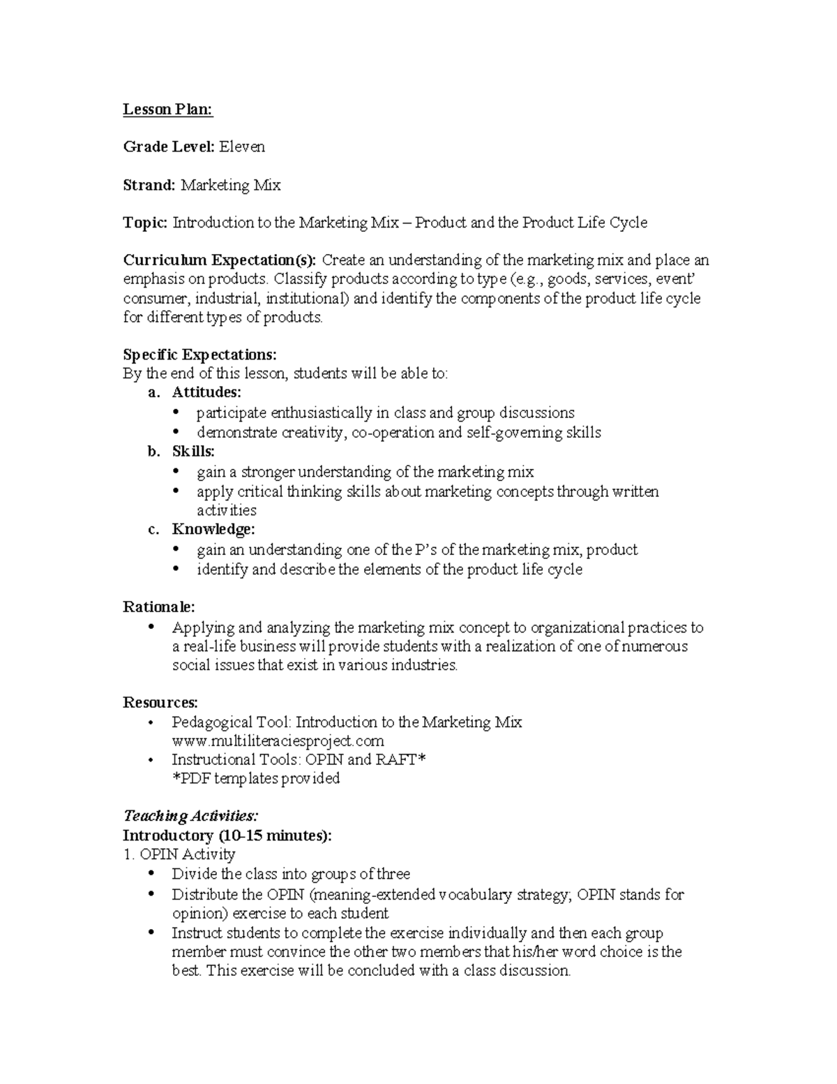 Marketing Mix Lesson Plan for Grade 11: Product Lifecycle Exploration ...