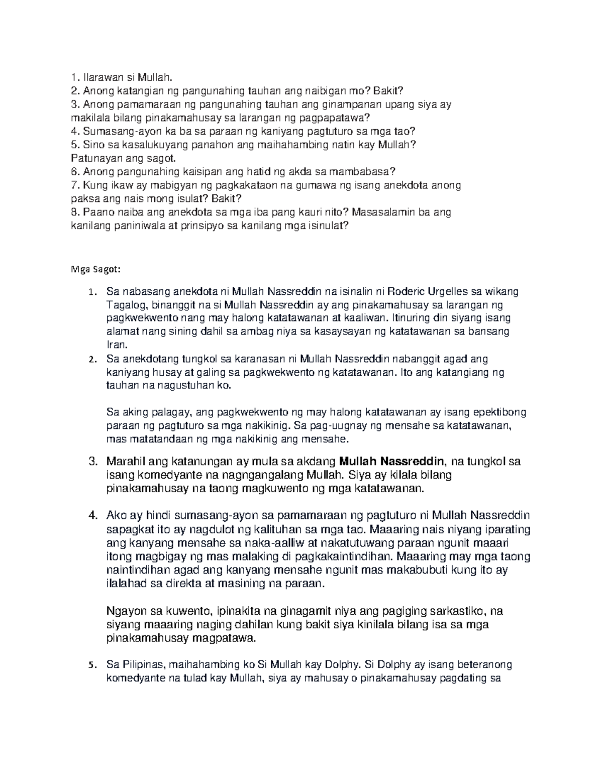 Mullah: Pag-aaral sa mga Katangian at Pamamaraan ni Mullah Nassreddin ...
