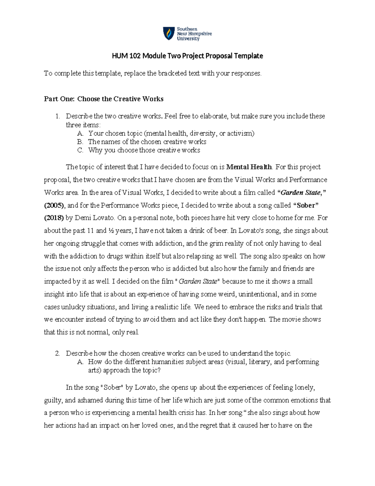 HUM 102 Module Two Project Proposal: Exploring Mental Health Through ...