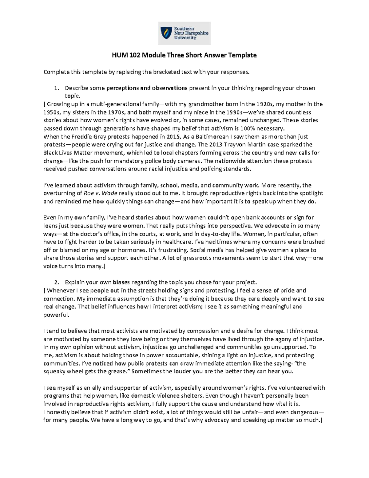 HUM 102 Module Three Short Answer: Activism and Personal Reflections ...
